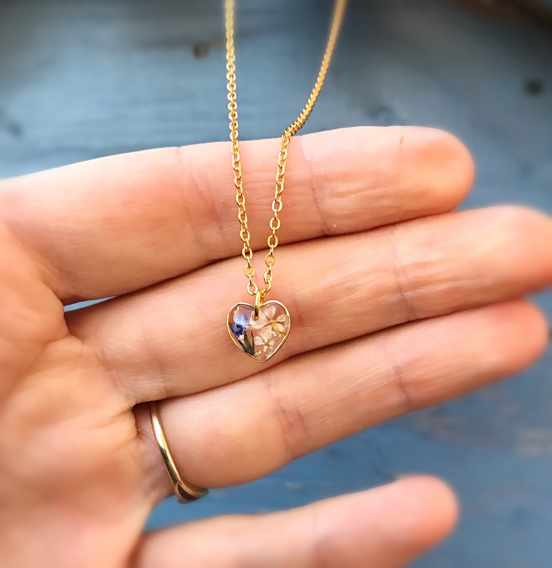 Tiny Heart Necklace / Real Flower Heart Necklace / Forget Me Not Flower / Flower Necklace ...