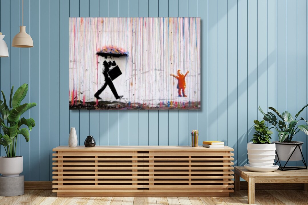 Banksy Coloured Rain Canvas Wall Art, Banksy Rainbow Rain, Banksy ...