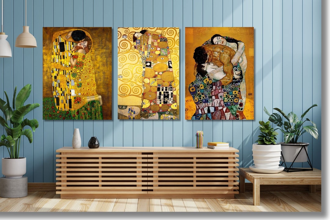 Set of 3 Gustav Klimpt Love Kiss Family Paintings Canvas Wall Arts ...