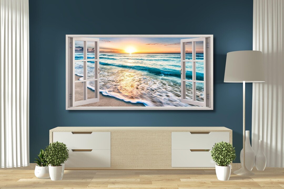 Beach Window Scene Canvas Wall Art Window View Sea Wall Hanging Decor ...