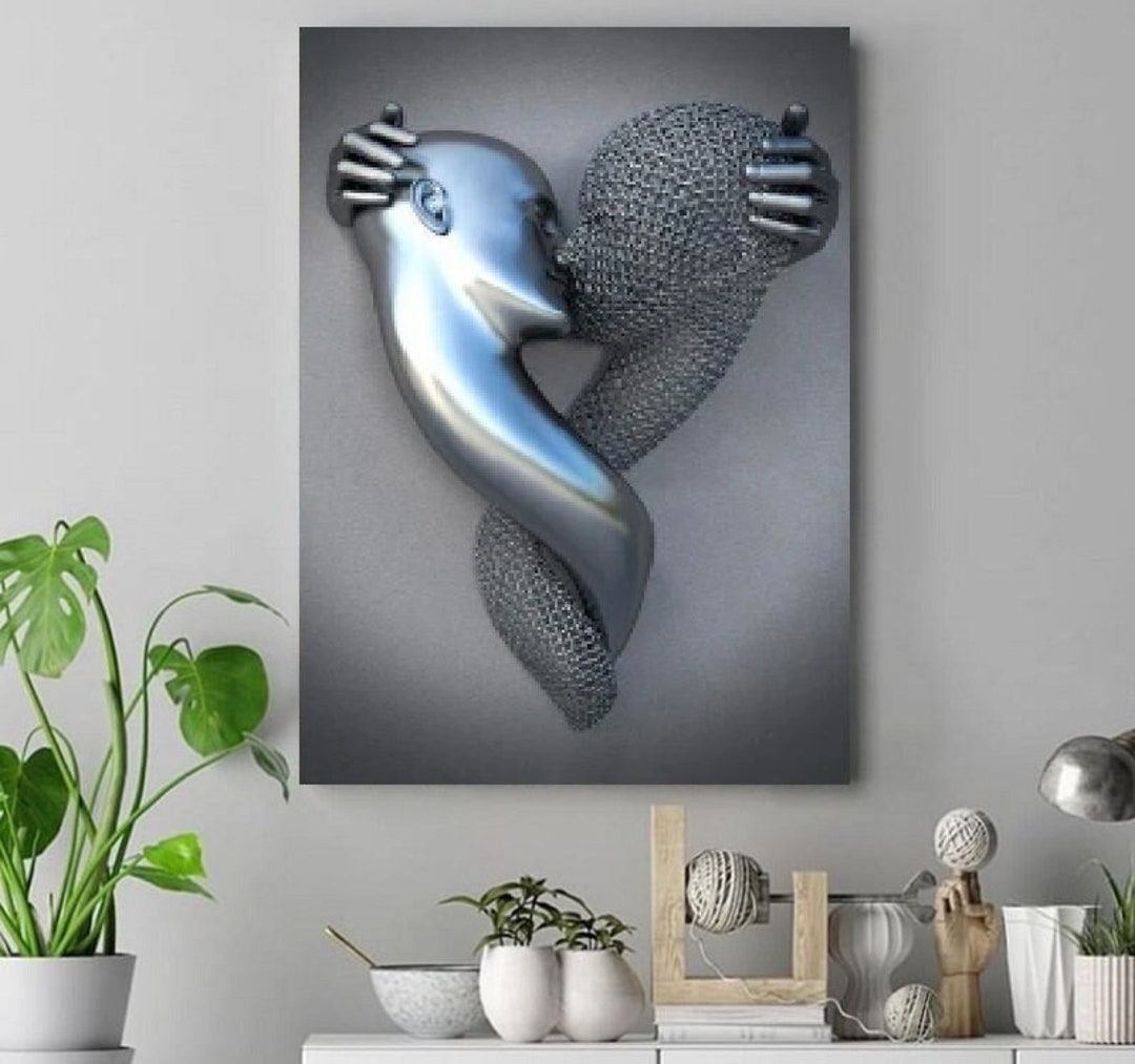 Kissing Couples Silver Effect Canvas Print, Love Heart 3D Effect Wall ...