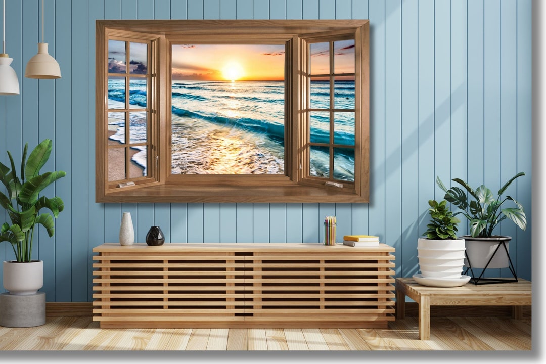 Beach Window Scene Canvas Wall Art Window View Sea Wall Hanging Decor ...