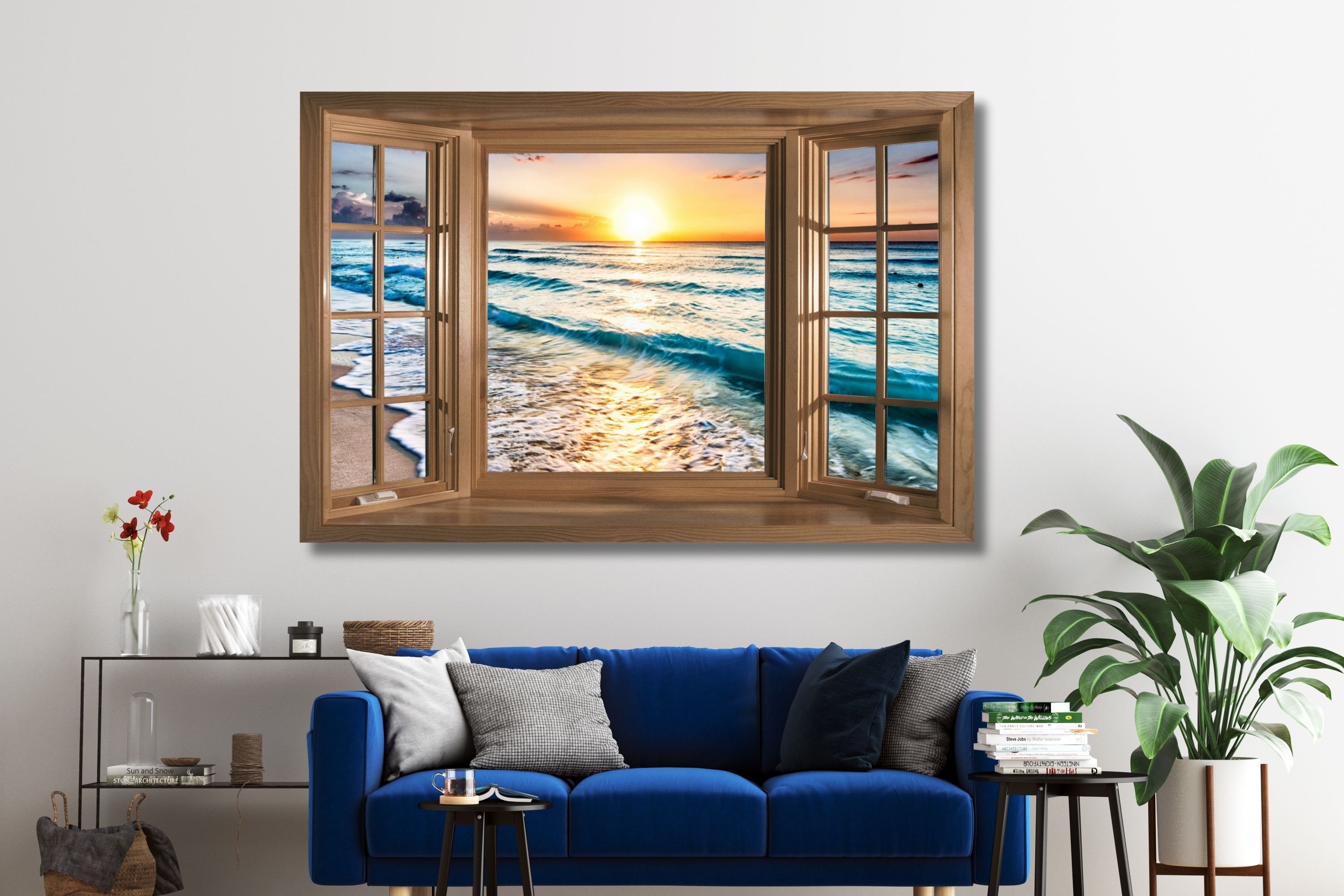 Beach Window Scene Canvas Wall Art Window View Sea Wall Hanging Decor ...