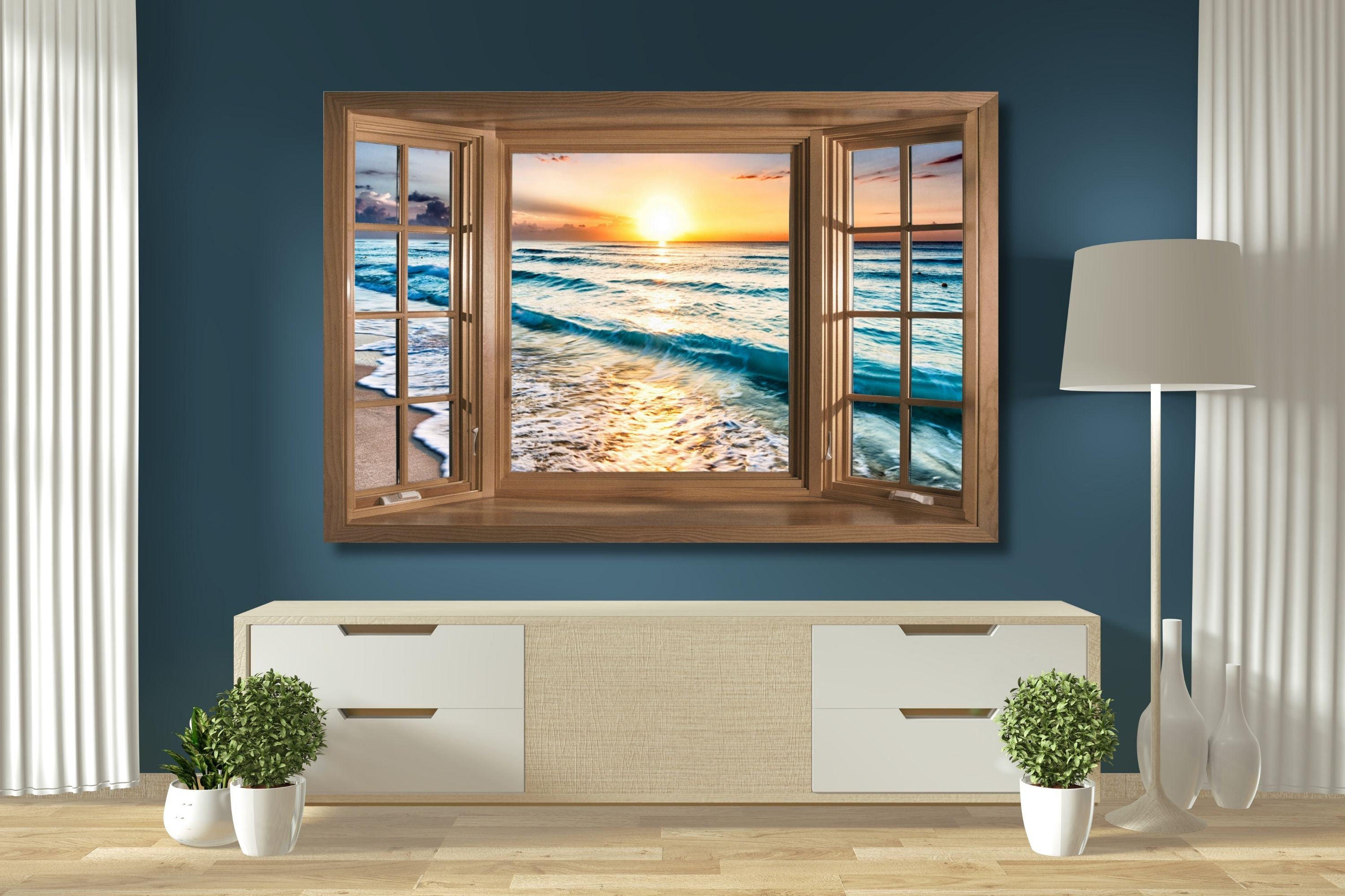 Beach Window Scene Canvas Wall Art Window View Sea Wall Hanging Decor ...
