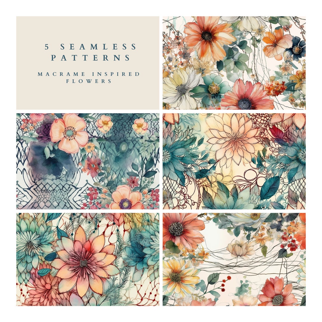 5 Seamless Macrame Inspired Flower Patterns // Digital Print Art ...