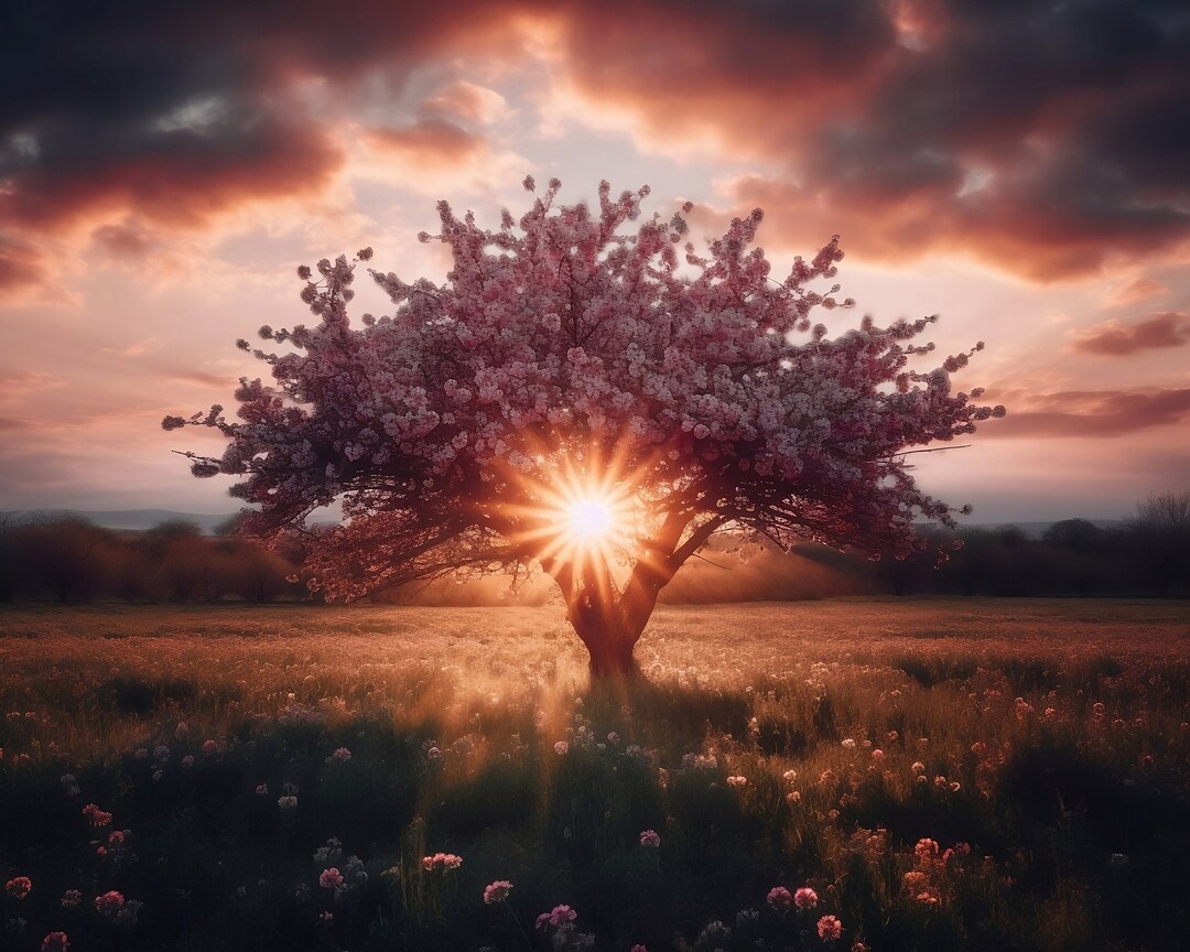Lonely Pink Blossom Tree, Sunset, Horizon, Sun, Digital Canvas, Digital ...
