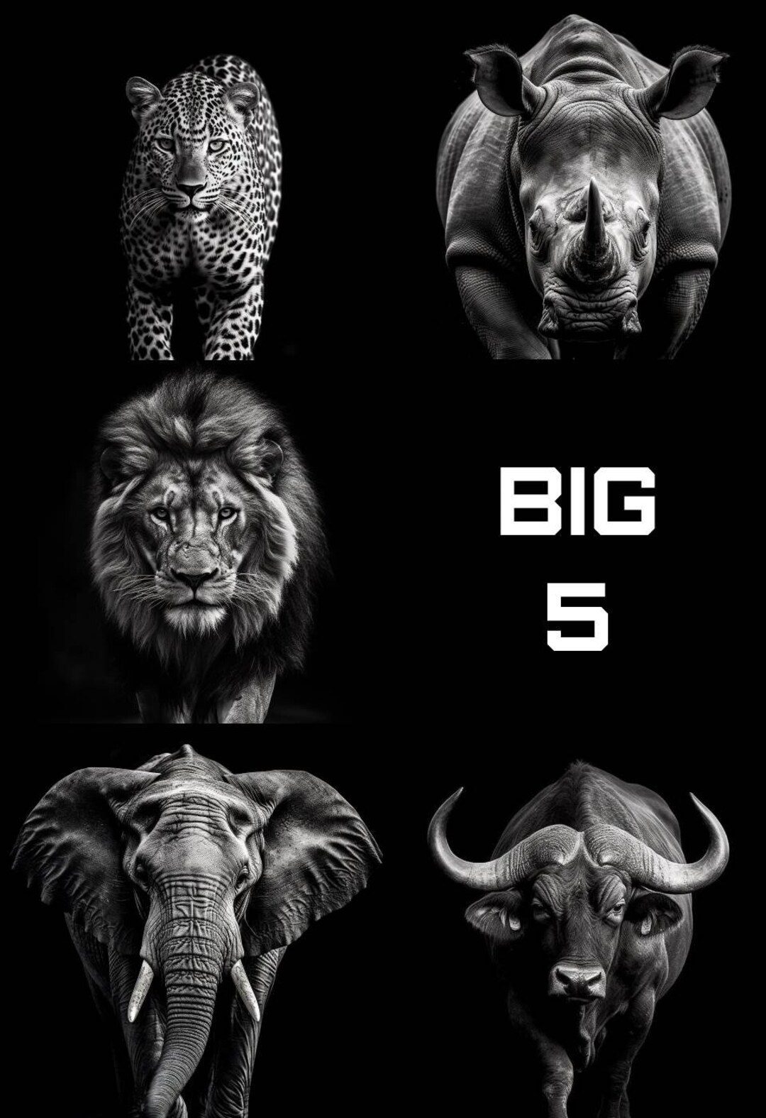 Lion | Leopard | Rhino | Elephant | Buffalo, Frontal, Black and White ...
