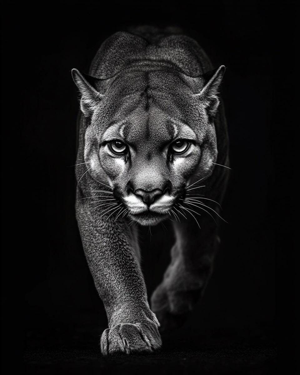 Puma Black and White, Walking Frontal View, Digital Canvas, Digital ...