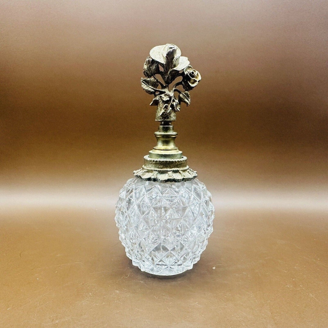 Midcentury Perfume Bottle Rose Design Stopper Brass Glass - Etsy