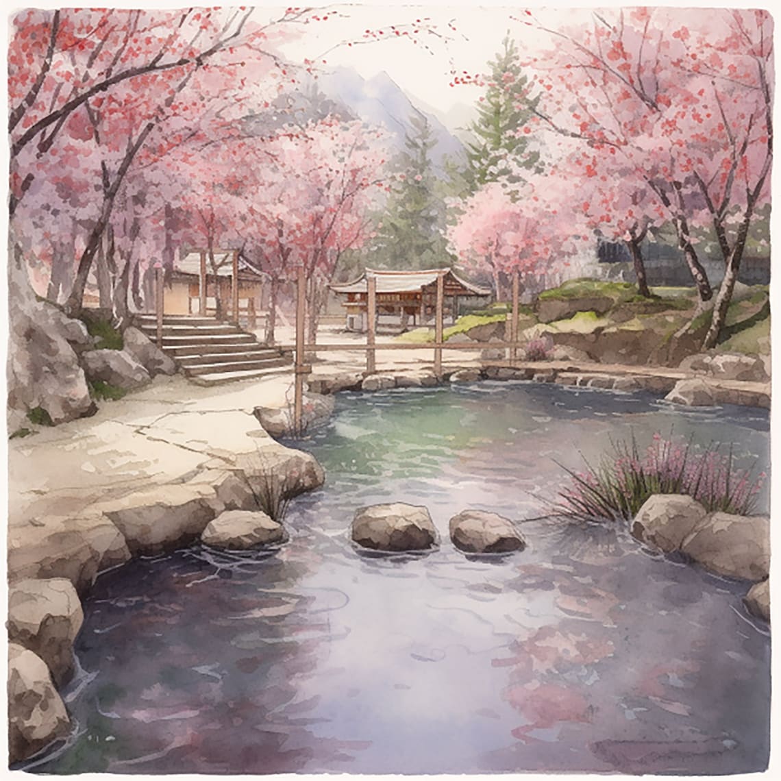 8 Japan Hot Spring Onsen Watercolor Clipart Sakura - High Quality Jpgs ...