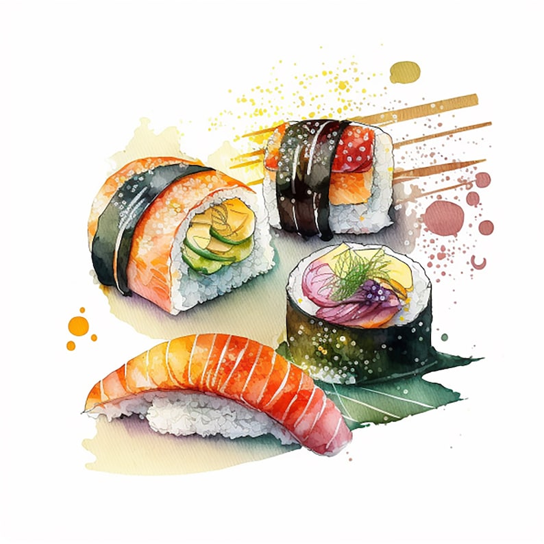 10 Japanese Sushi Watercolor Clipart 10 High Quality Jpgs, Digital ...