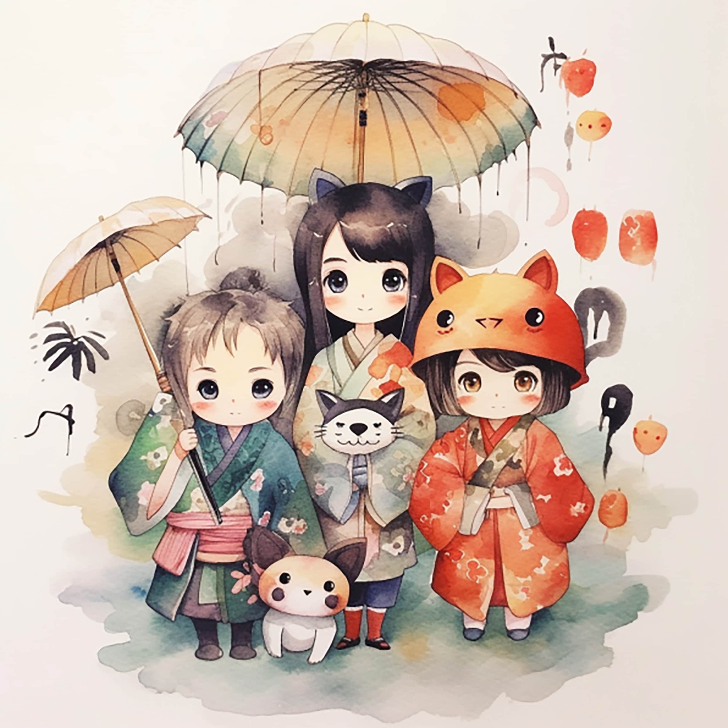 8 Premium Japanese Characters Cute Kawaii Watercolor Clipart - 8 High ...