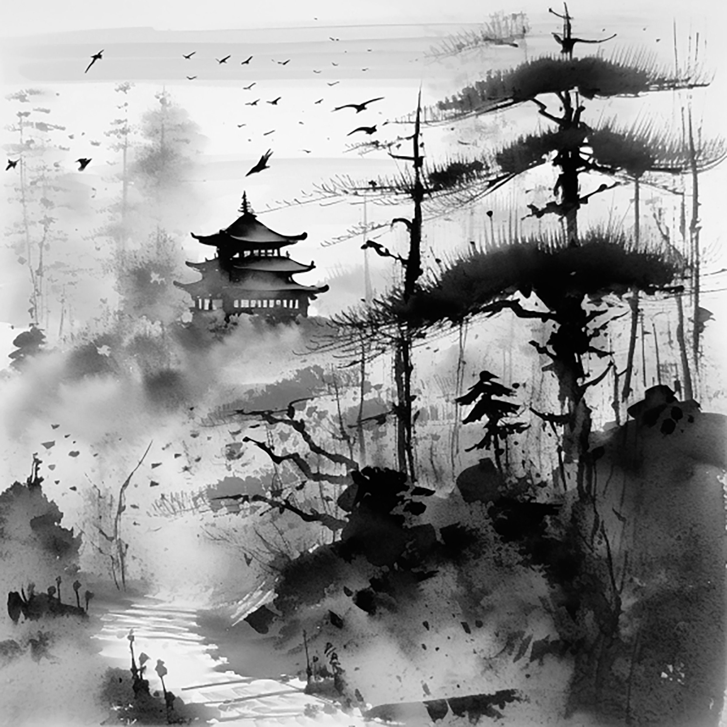 8 Traditional Japanese Sumi-e Watercolor Clipart Black and White - High ...