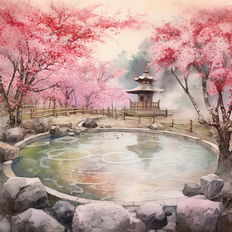 8 Japan Hot Spring Onsen Watercolor Clipart Sakura - High Quality Jpgs ...
