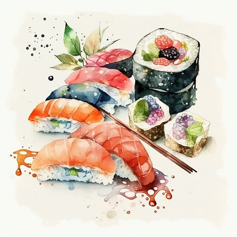 10 Japanese Sushi Watercolor Clipart - 10 High Quality Jpgs, Digital ...