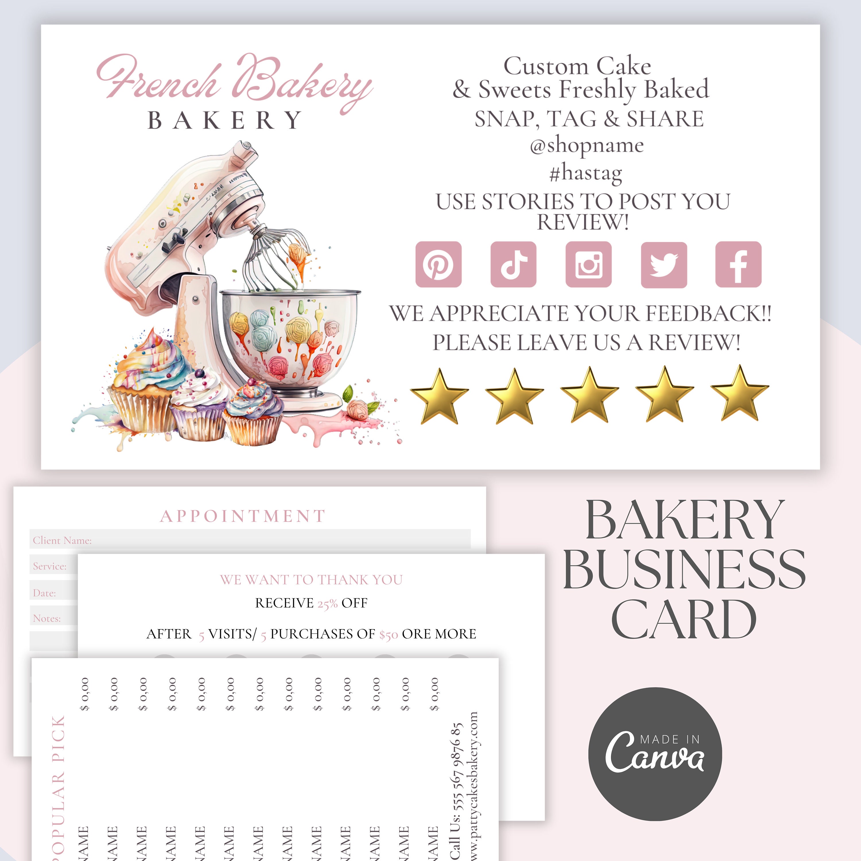 Personalized French Bakery Business Card + Appointment Card, Rewards ...