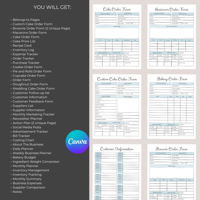 Bakery Order Form Business Planner , Small Business, Custom Stationery ...
