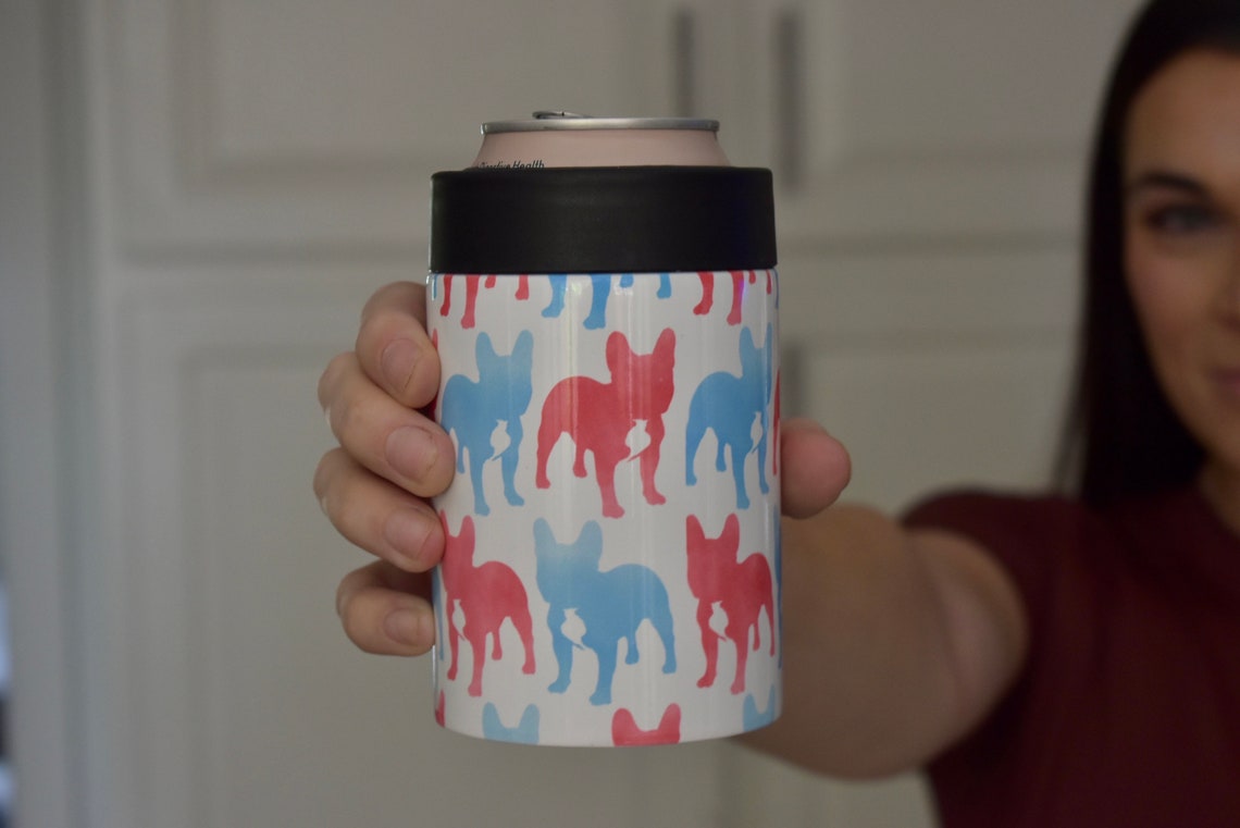 Frenchie Red Blue Koozie Stainless Steel Beer Hugger French Bulldog ...