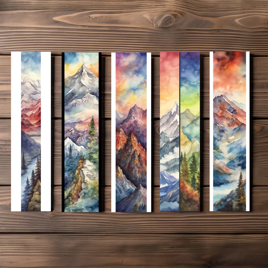Mountain Range Bookmark, Editable 5-bookmark Bundle, Watercolor Artwork ...