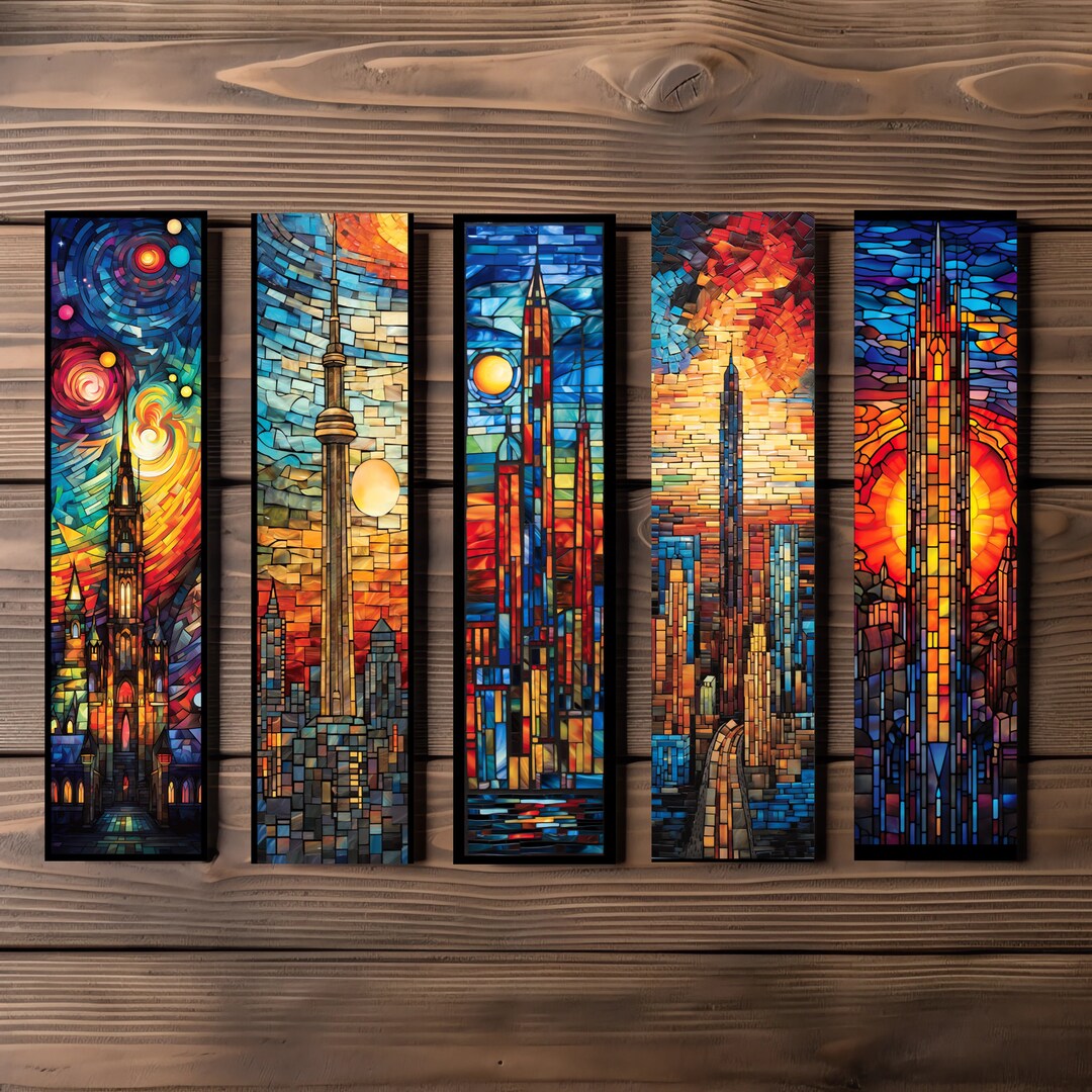 City Skyline Bookmark, Editable 5-bookmark Bundle, Stained Glass ...