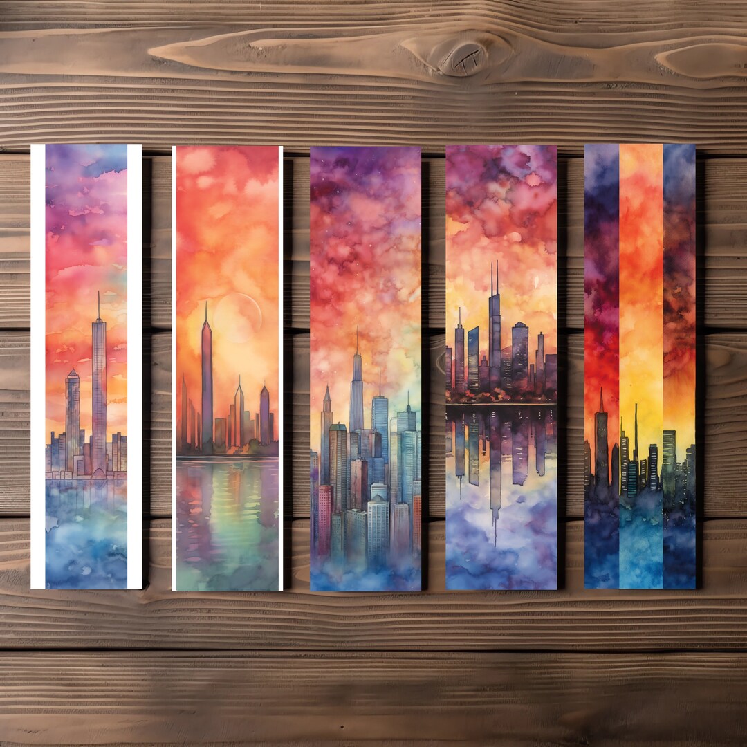 City Skyline Bookmark, Editable 5-bookmark Bundle, Watercolor Artwork ...