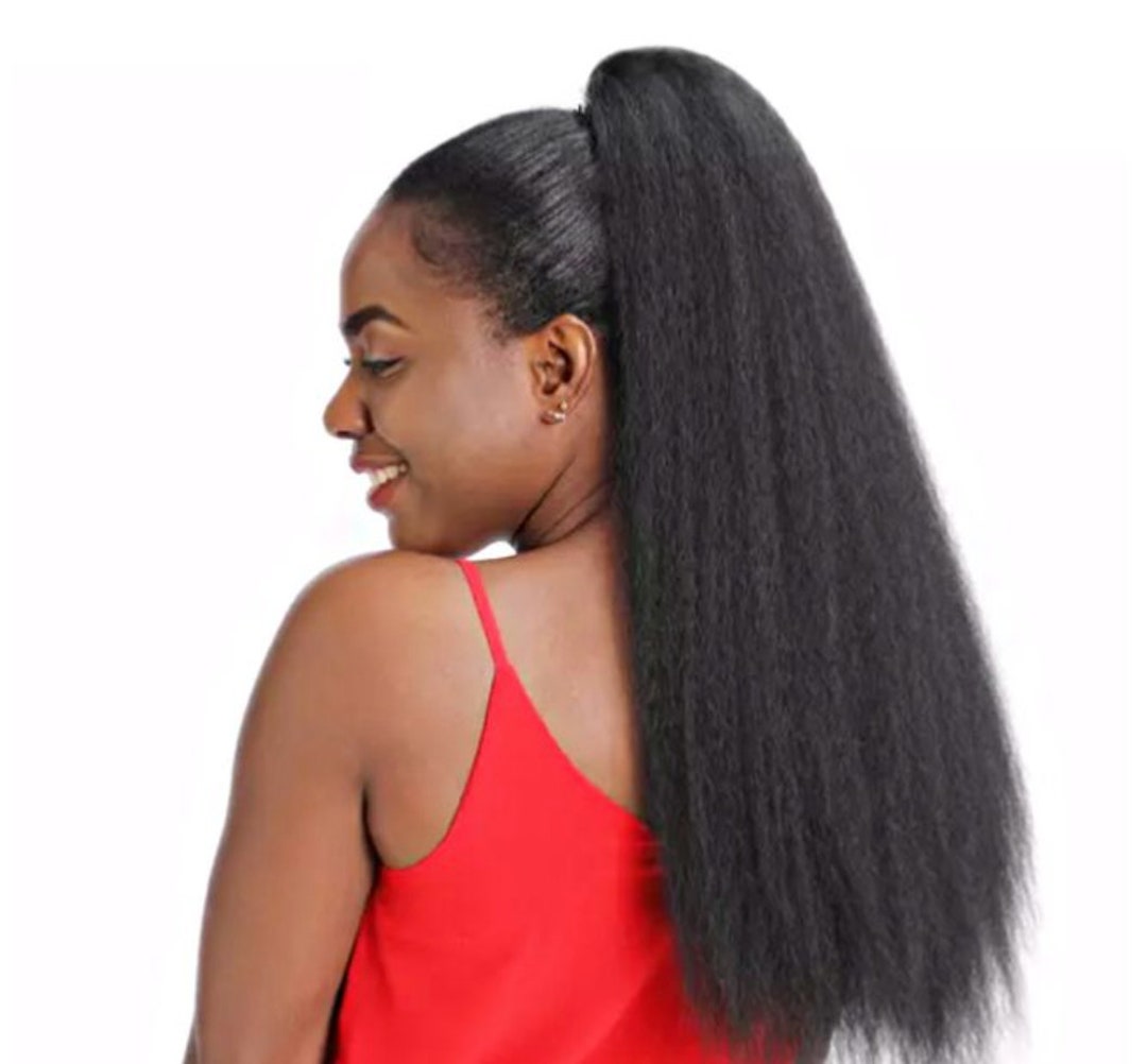 22" Drawstring Natural Yaki Kinky Synthetic Straight Blow Out Ponytail ...