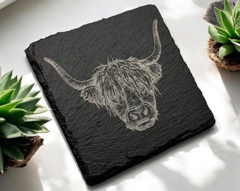 Highland Cow Slate Coaster, Shabby Chic, Laser Engraved, Gift, Wedding ...