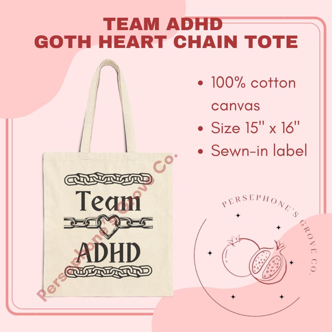 Team ADHD - Goth Heart Chain Tote Bag // Neurodivergent Tote // Mental ...