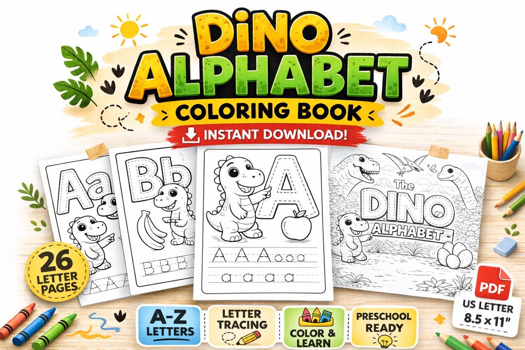 Dinosaur Alphabet Coloring Pages | ABC Letter Tracing Worksheets (PDF ...