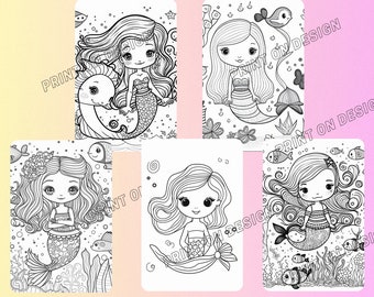 Mermaid 5- Coloring Pages (5) - Etsy