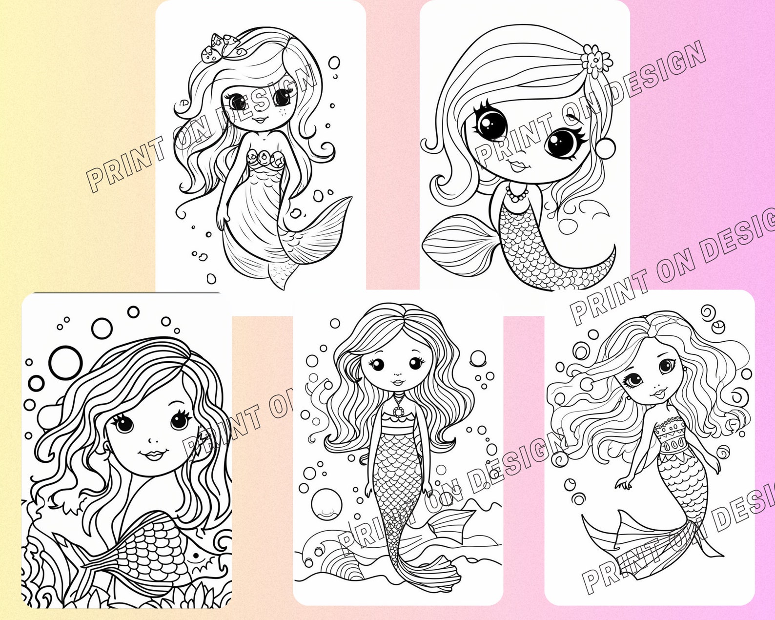 Mermaid 2- Coloring Pages (5) - Etsy
