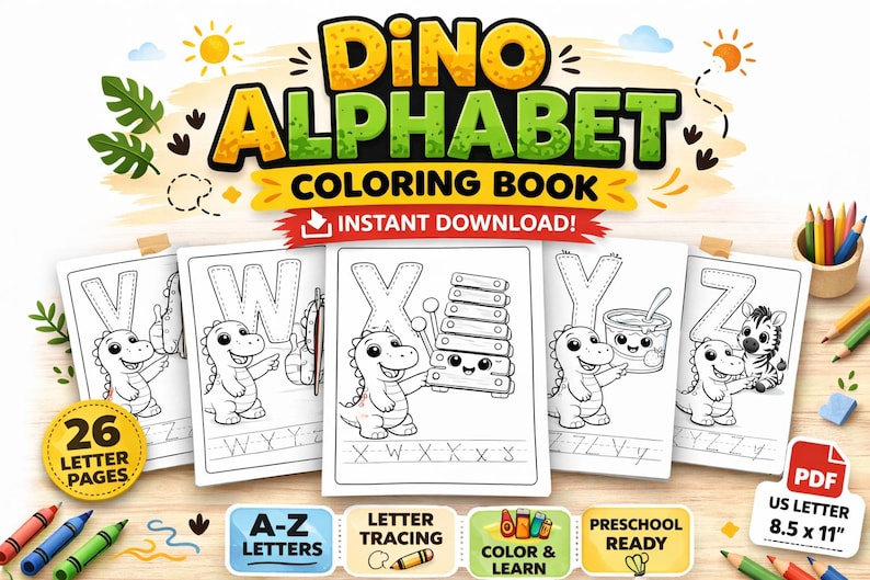 Dinosaur Alphabet Coloring Pages | ABC Letter Tracing Worksheets (PDF ...