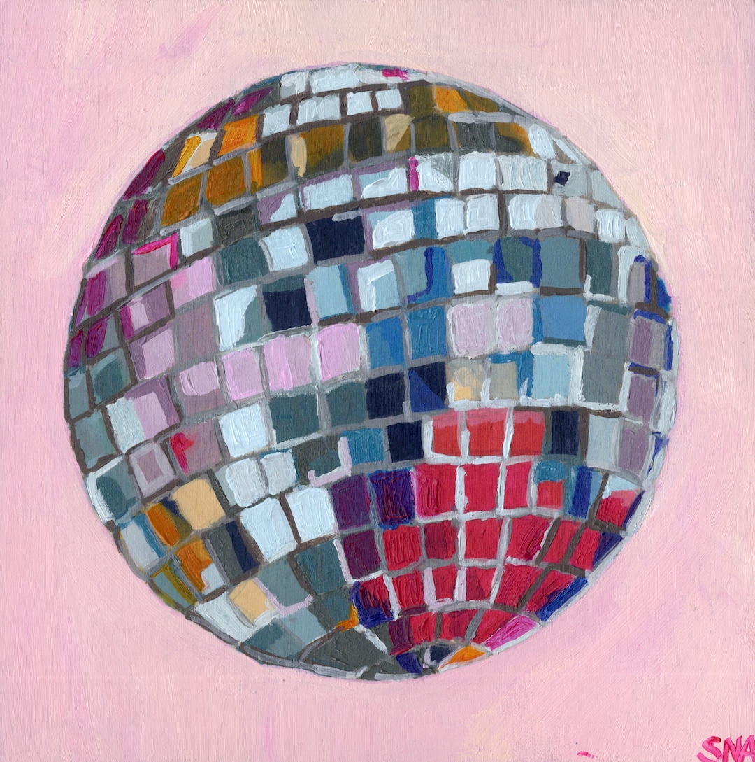 Original Disco Ball Acrylic Painting on Wood Panel Vibrant Pink and ...