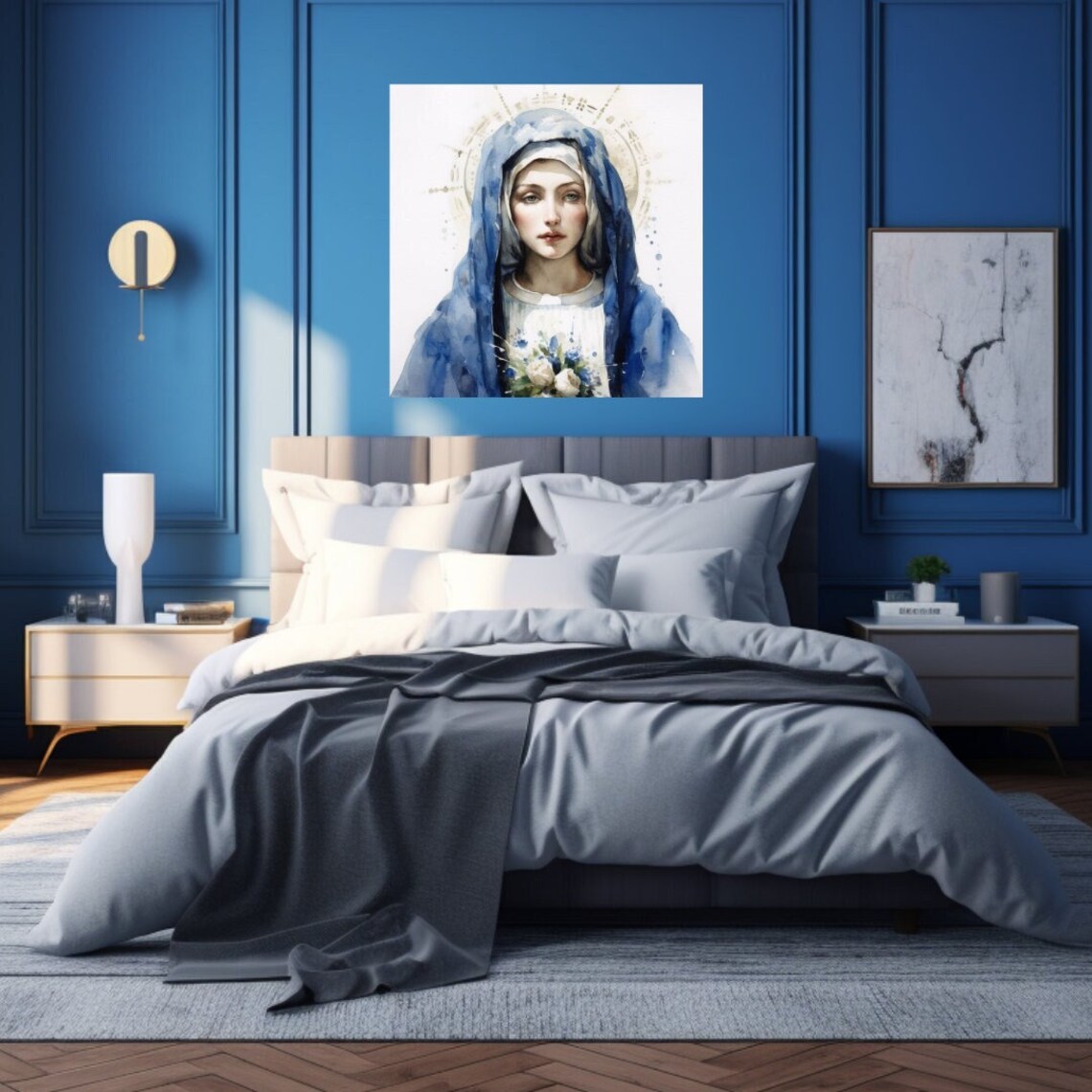 Heavenly Grace: Watercolor Blue Portrait of the Virgin Mary - Etsy