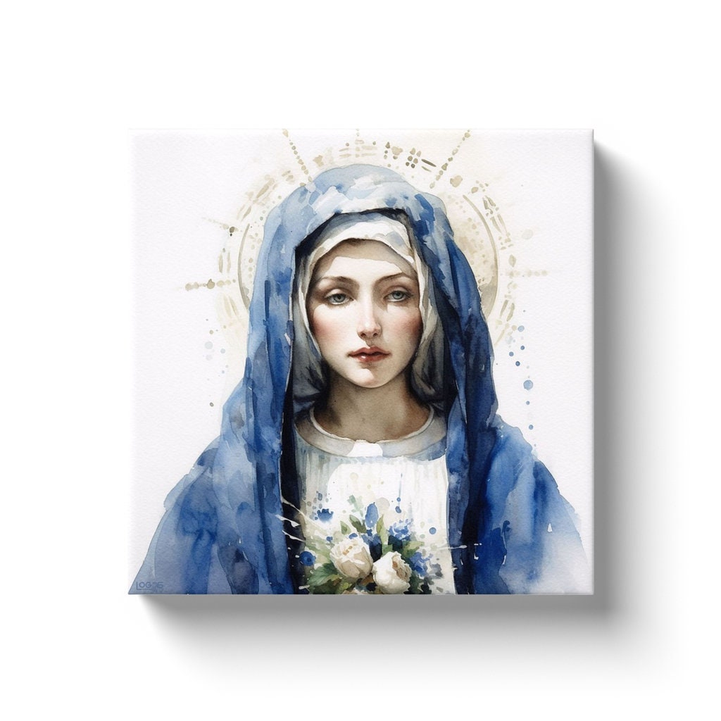 Heavenly Grace: Watercolor Blue Portrait of the Virgin Mary Canvas ...