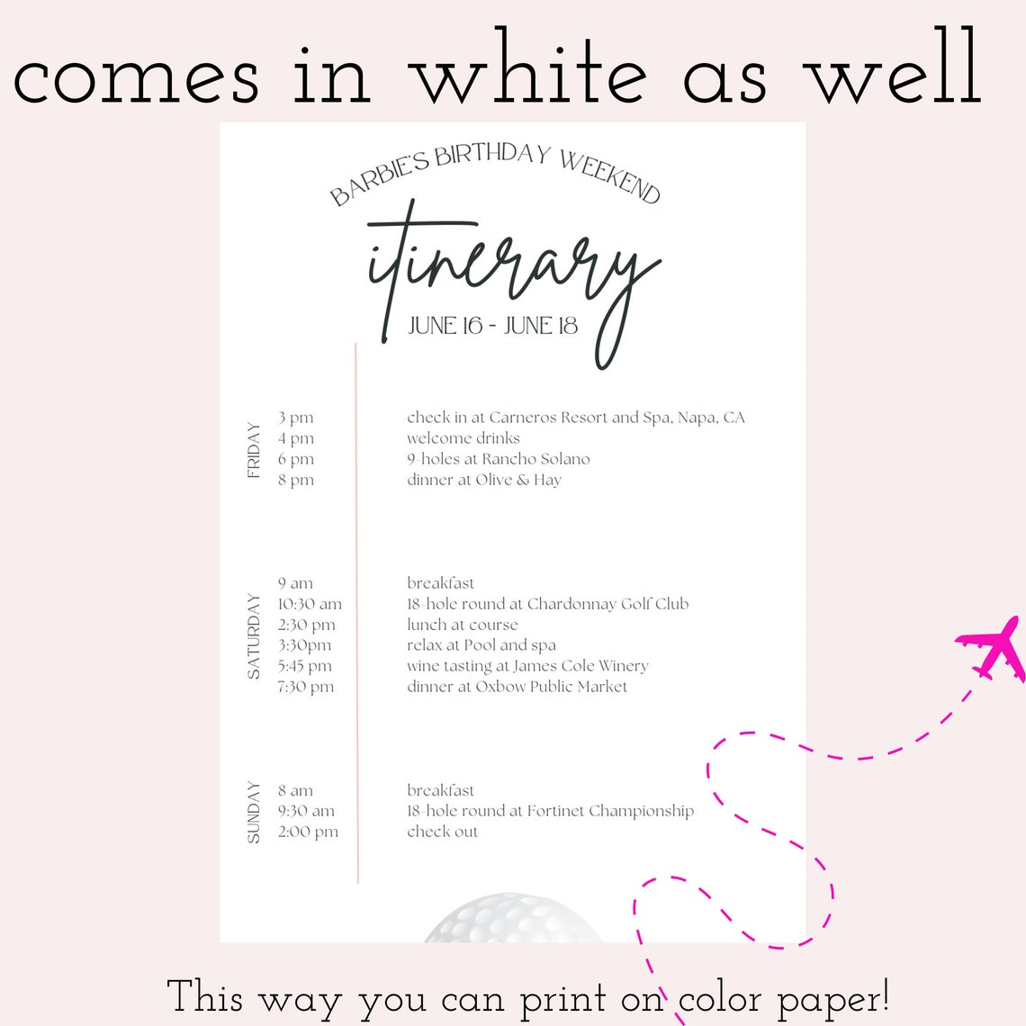 Golf Itinerary Editable Template, Printable Travel Itinerary, Digital ...
