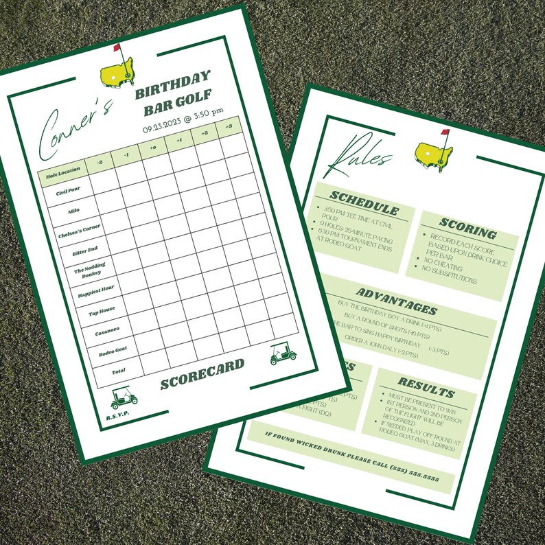 Masters Theme Birthday Pub Golf Scorecard, Digital, Editable, Golf ...