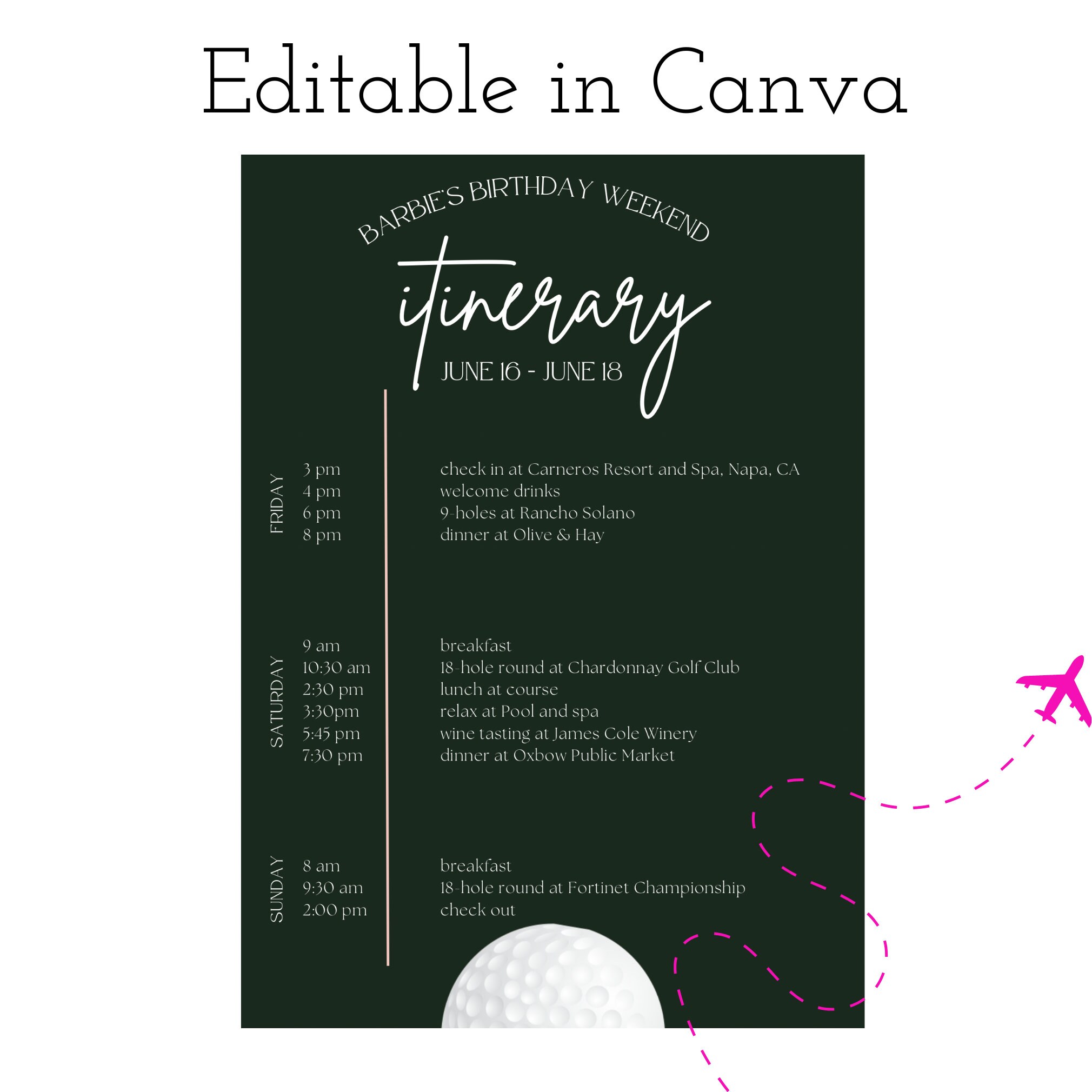 Golf Itinerary Editable Template, Printable Travel Itinerary, Digital ...