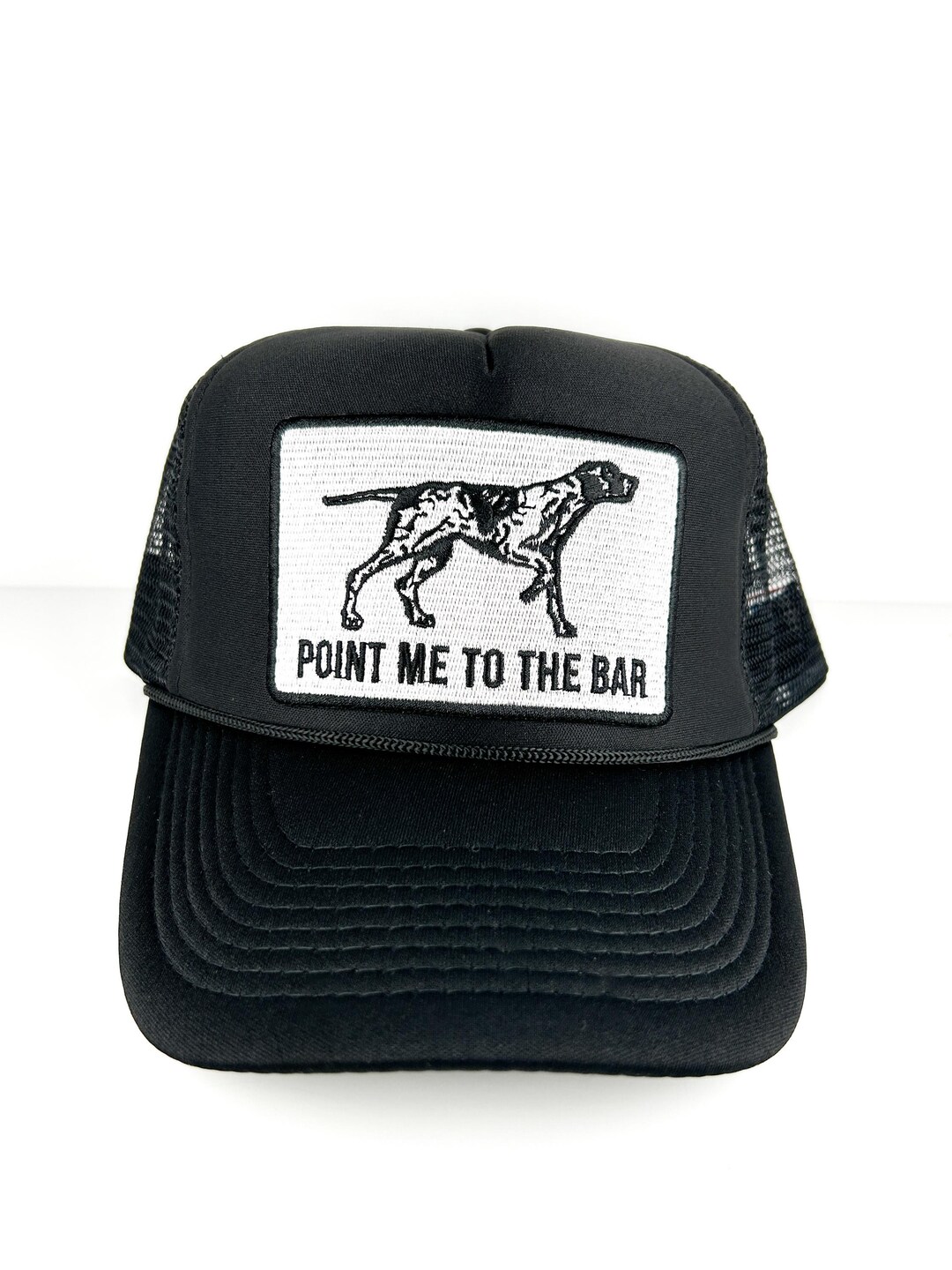 Point Me to the Bar Black Trucker Hat With Embroidered Patch - Embroidered Patch Hat | Drink ...