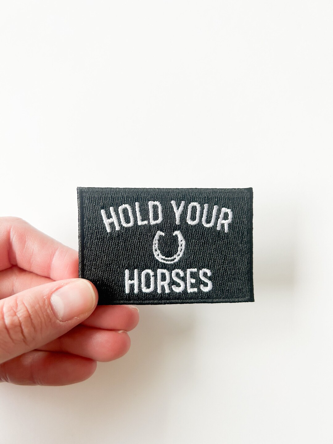 Hold Your Horses Iron on Patch, Black & White Horseshoe Design, Trucker ...
