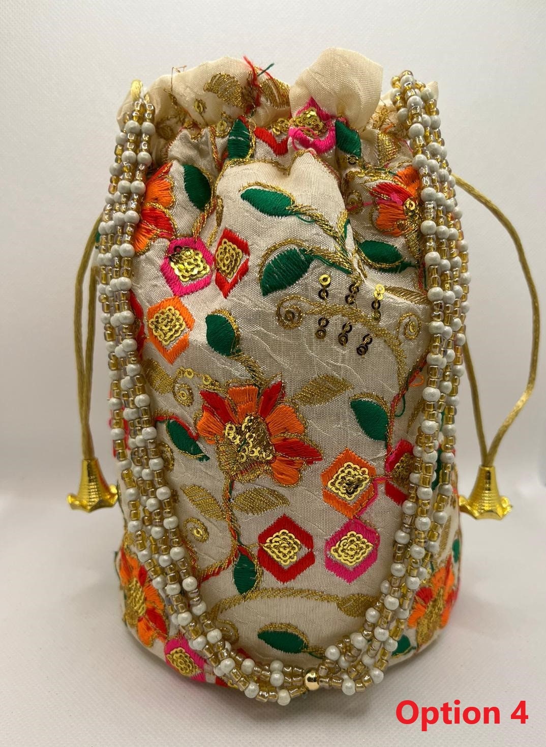Asian Silk Round Base Draw String Bags potli With Gold Stitched Floral ...