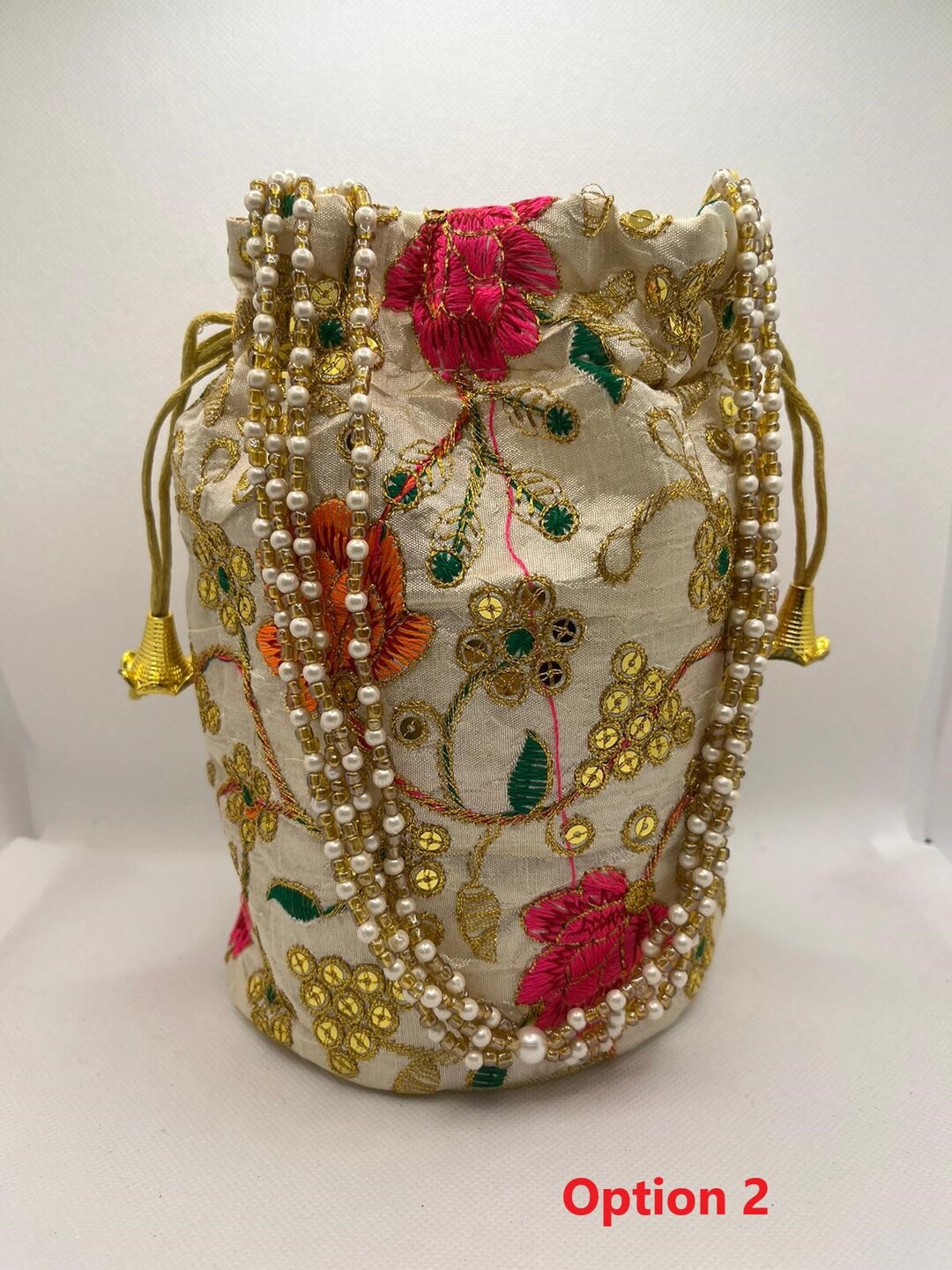 Asian Silk Round Base Draw String Bags potli With Gold Stitched Floral ...