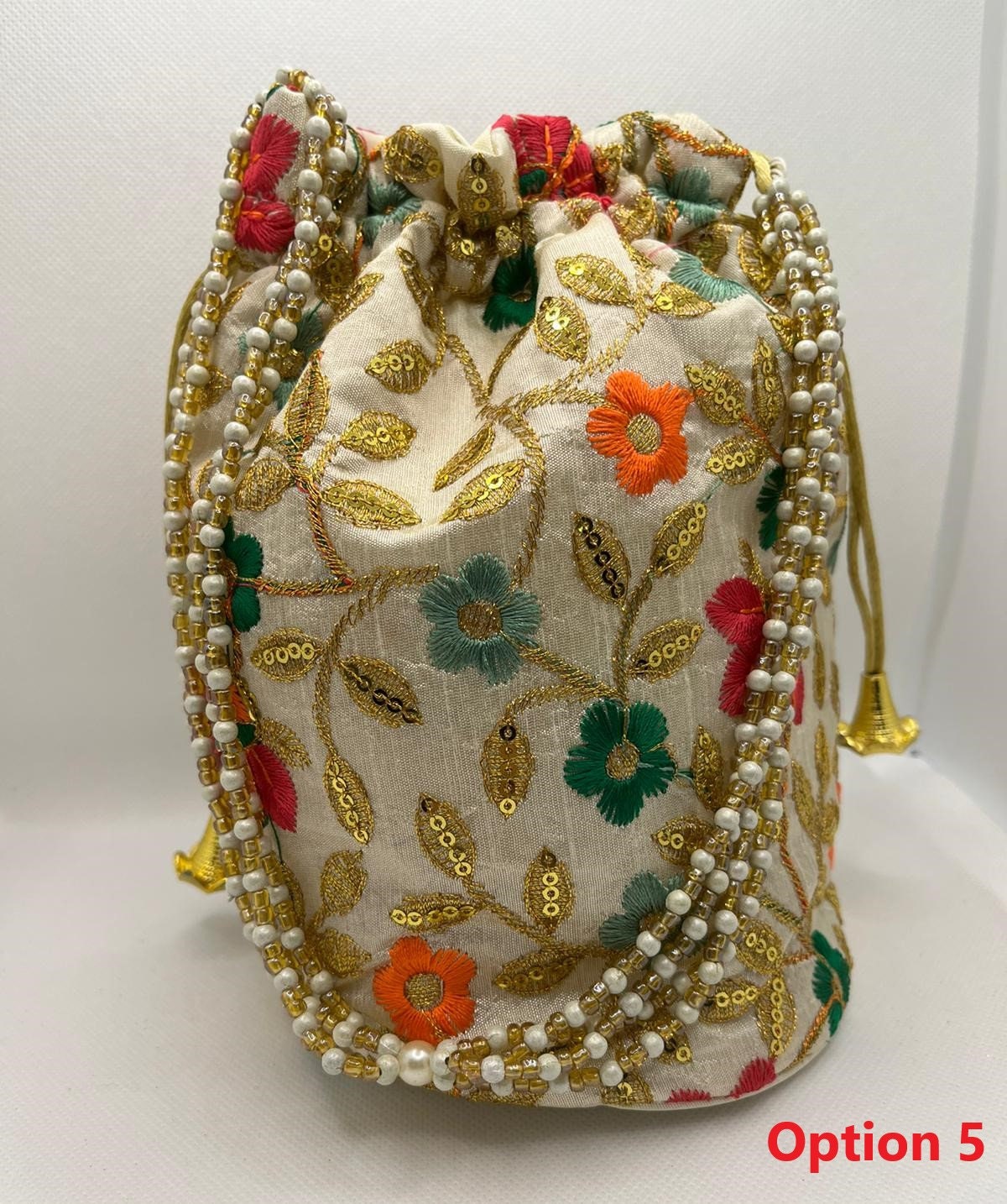 Asian Silk Round Base Draw String Bags potli With Gold Stitched Floral ...