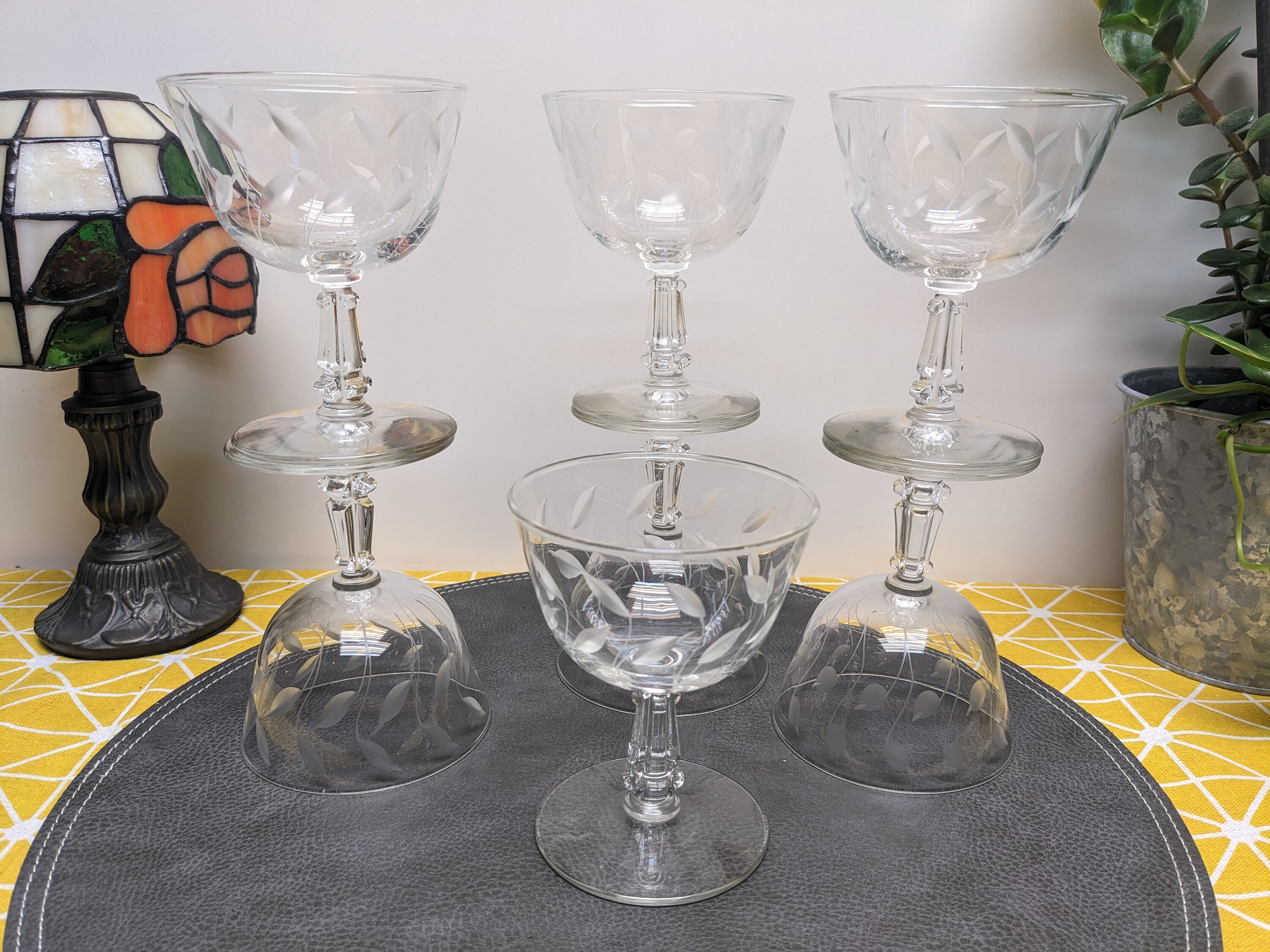 Set of 7 Vintage Etched Libbey Crystal Leaf Low Sherbet Glasses ...