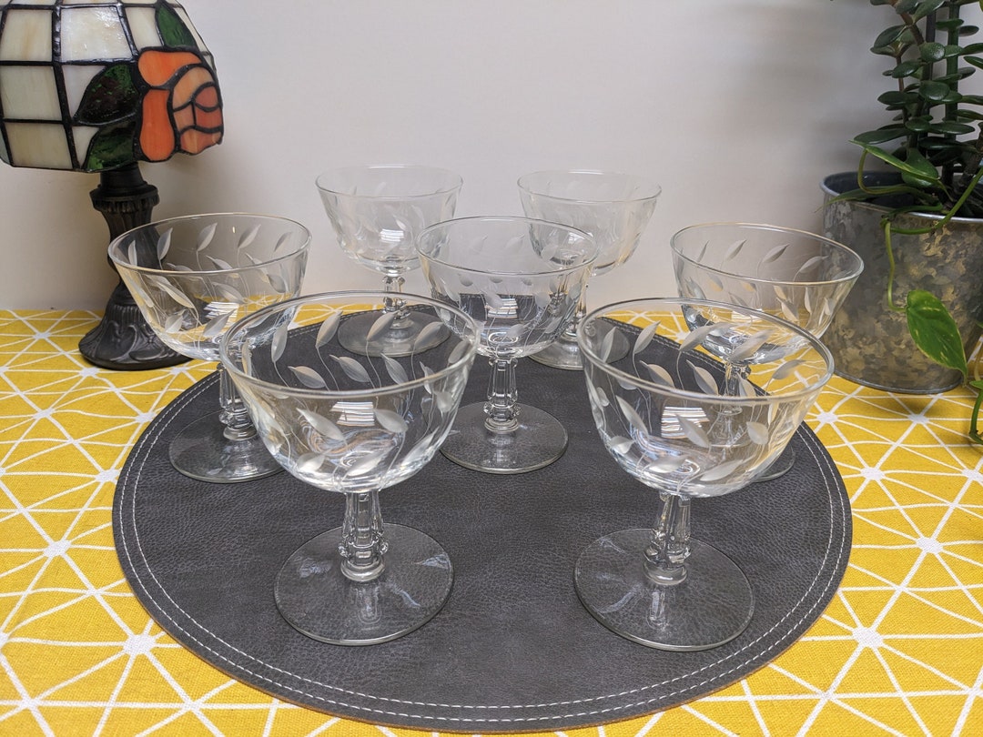 Set of 7 Vintage Etched Libbey Crystal Leaf Low Sherbet Glasses ...