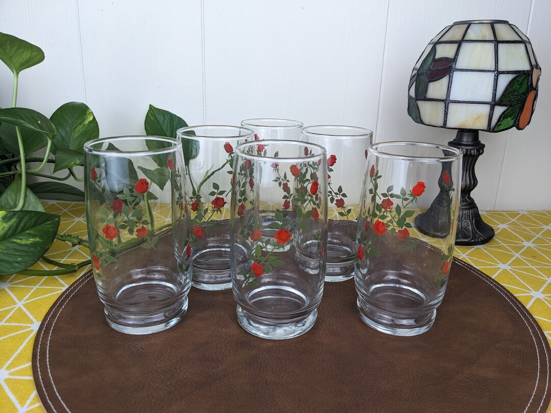 Anchor Hocking Set of 6 Red Roses Vine Pattern Flat Highball - Etsy UK