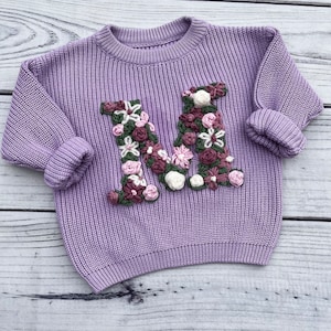 Personalised Childrens Floral Initial Jumper Hand Embroidered Name ...