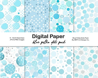 Blue Polka Dots Digital Paper Pack, 16 Blue Polka Dots Seamless ...