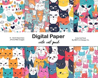 CUTE CATS - Digital Paper Pack - 12 Jpegs - Instant Download - 300dpi ...
