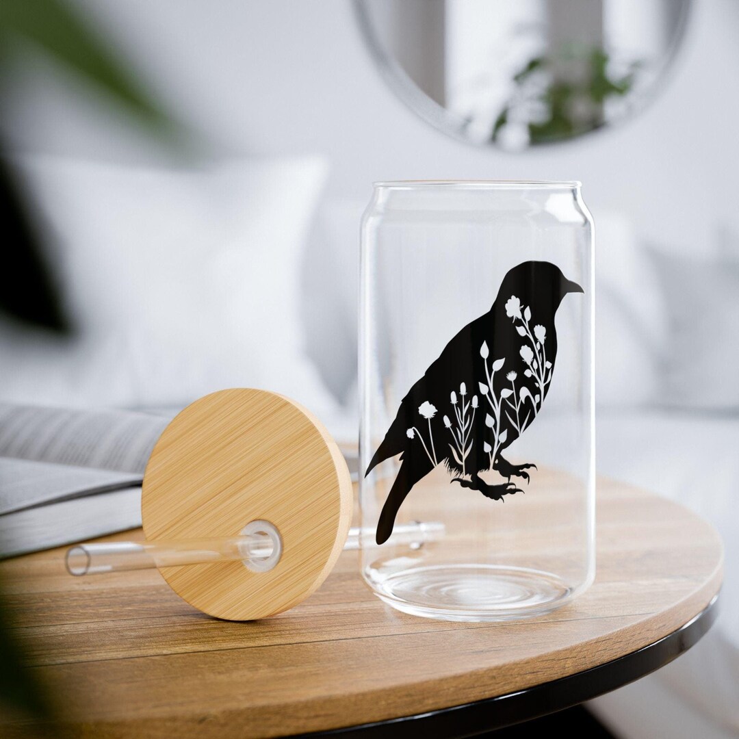 Crow Tumbler Gift Floral Crow Gift Crow Flowers Glass Cup Lid Straw ...